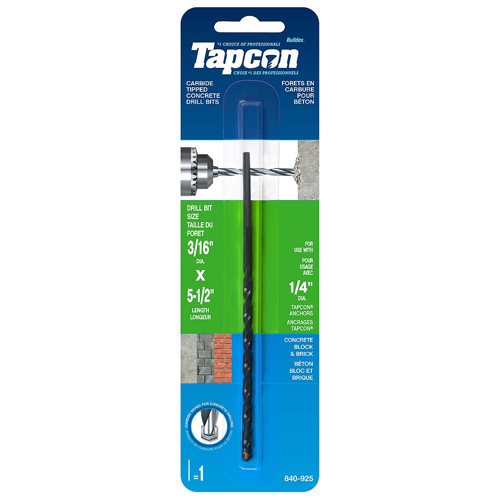Tapcon 3/16-inch x 5-1/2-inch Carbide Tipped Concrete Drill Bits - 1 ...