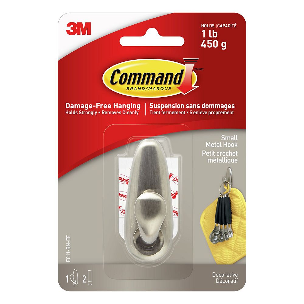 Command Small Brushed Nickel Classic Metal Hook & Strips (1 Hook / 2 ...