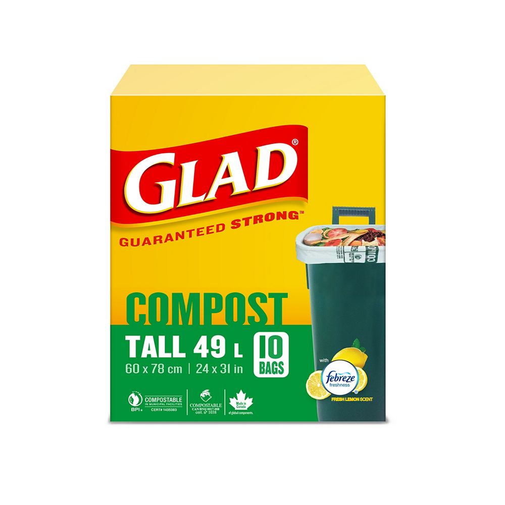 Glad 100% Compostable Bags - Tall 49 Litres - Lemon scent, 10 Compost ...