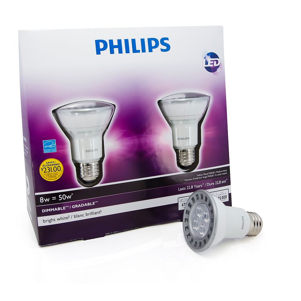 Philips LED 8W = 50W PAR20 Bright White (3000K) - (2-Pack) | The Home ... Philips LED 8W = 50W PAR20 Bright White (3000K) - (2-Pack) | The Home ...