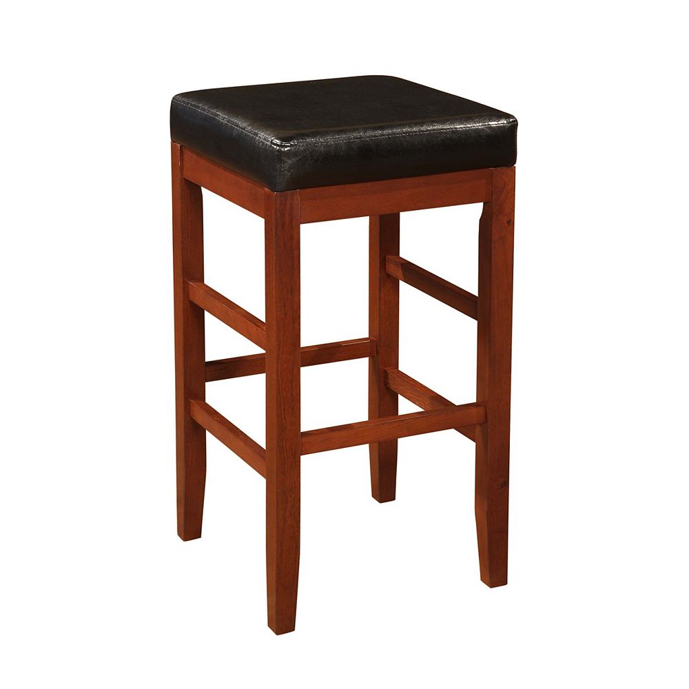 Powell Cherry Square Backless Bar Stool with Black Bonded Leather Seat ...