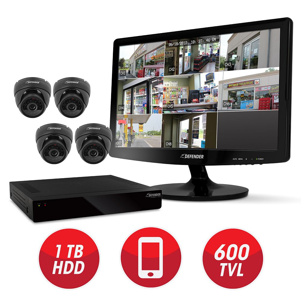Defender Connected 8CH 1TB DVR, 4 x Dome CMOS IR w/ 19-inch LED | The ...