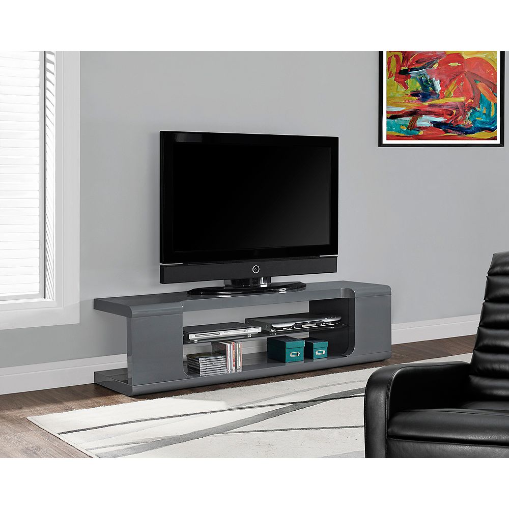 Monarch Specialties High Glossy Charcoal Grey 60"L Tv Console /Tempered ...
