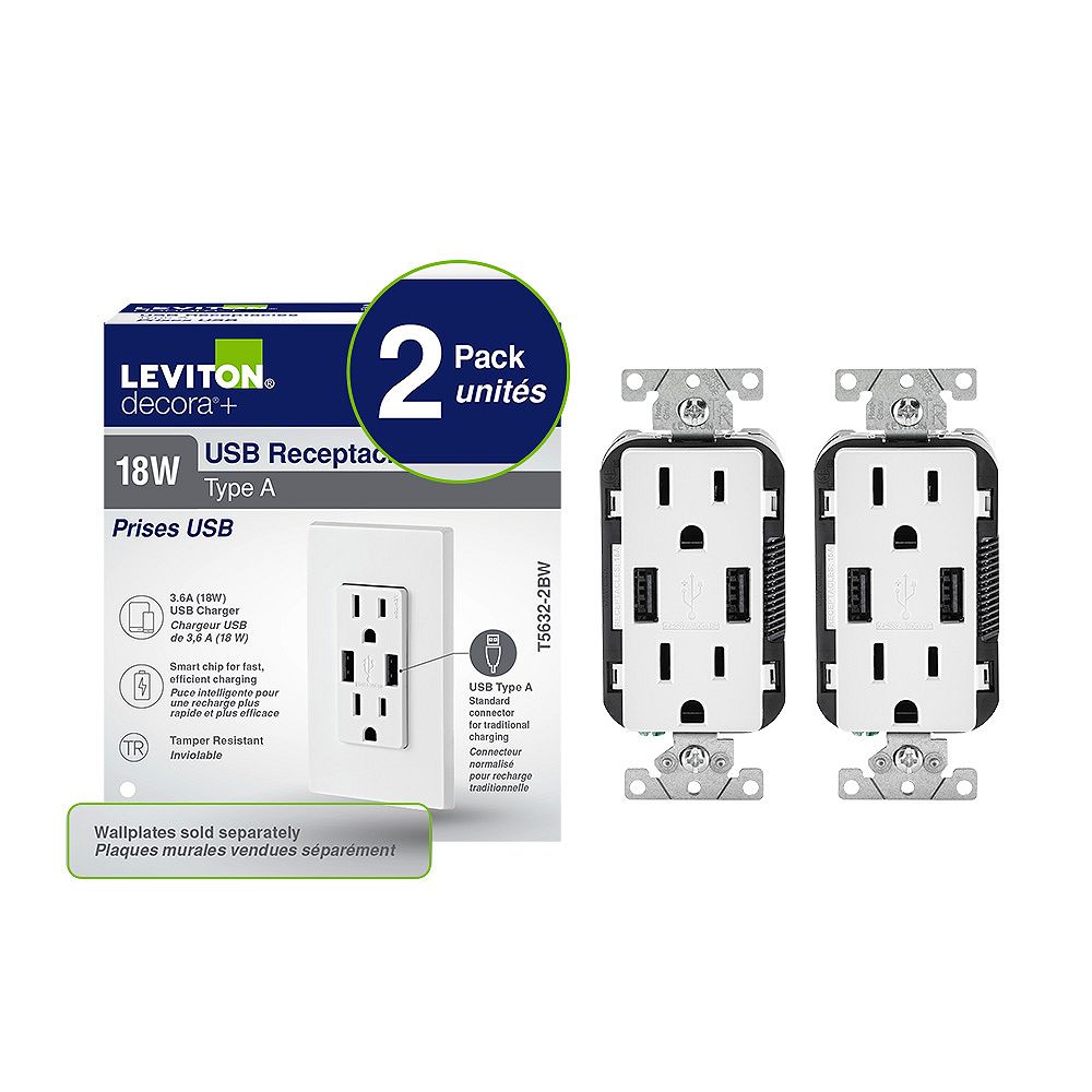 Leviton Decora Duplex 3.6 amp USB Charger and 15 amp Tamper Resistant ...