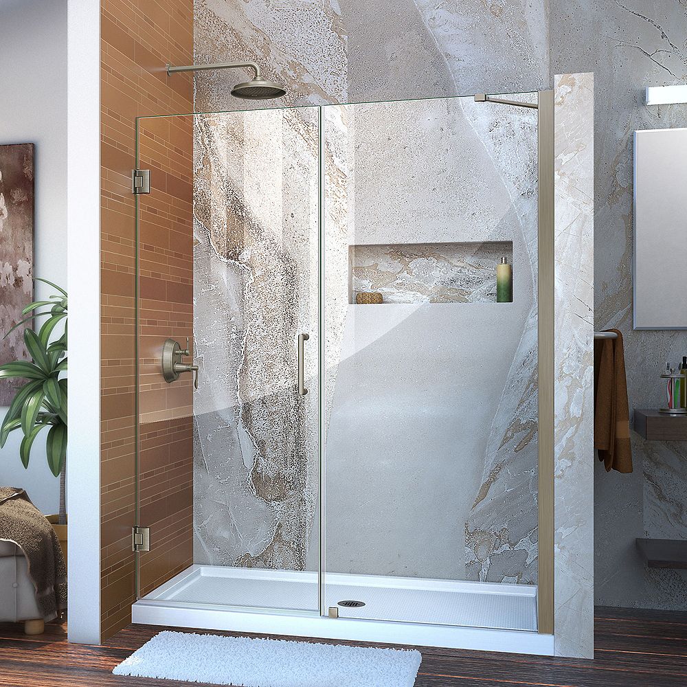 DreamLine Unidoor 56 to 57-inch x 72-inch Frameless Hinged Pivot Shower Door in Brushed Ni ...