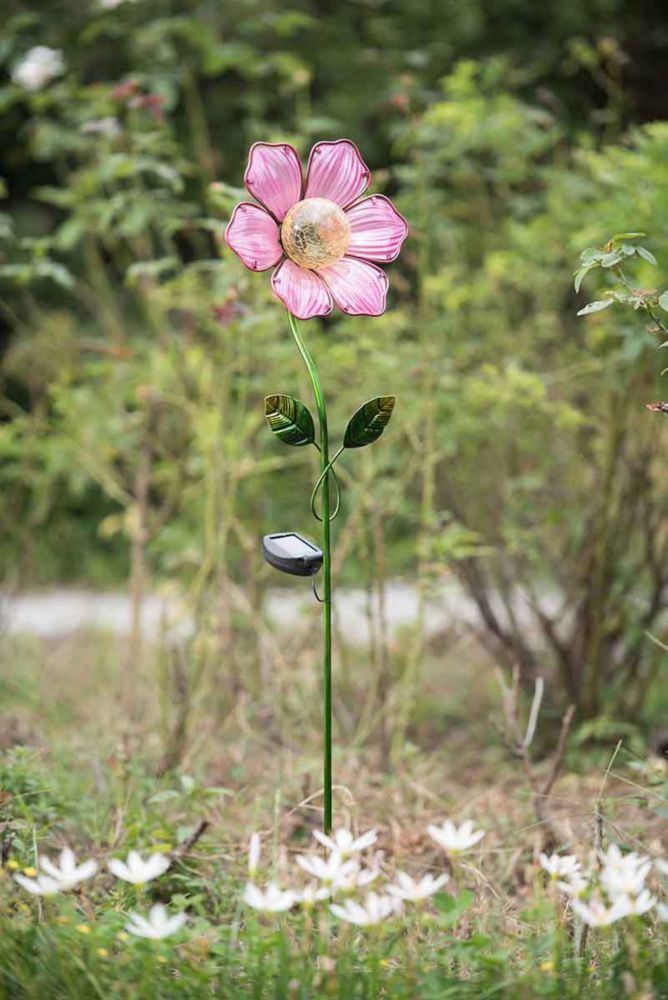 Sunjoy Glass Flower Garden Stake with Solar LED in Pink | The Home ...