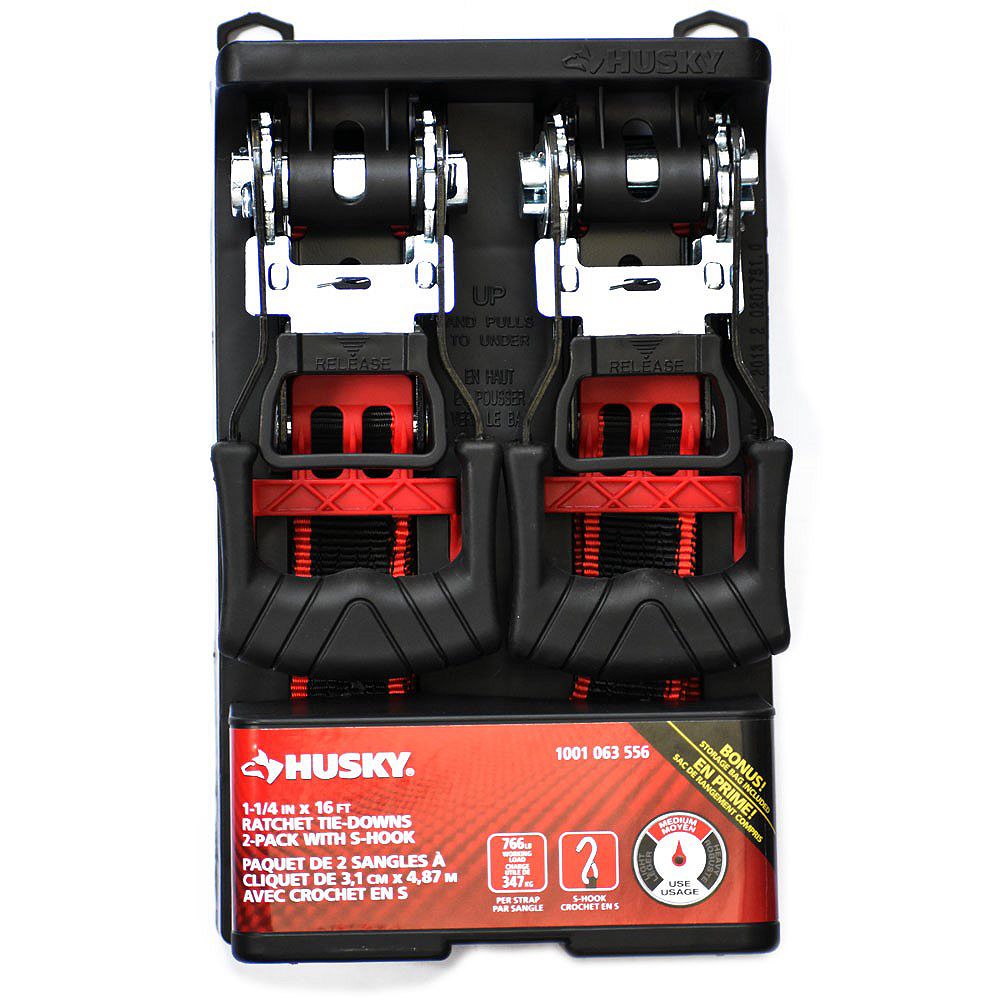 Husky 1 1/4-inch x 16 ft. Ratchet Tie-Down with S-Hook (2-Pack) | The ...