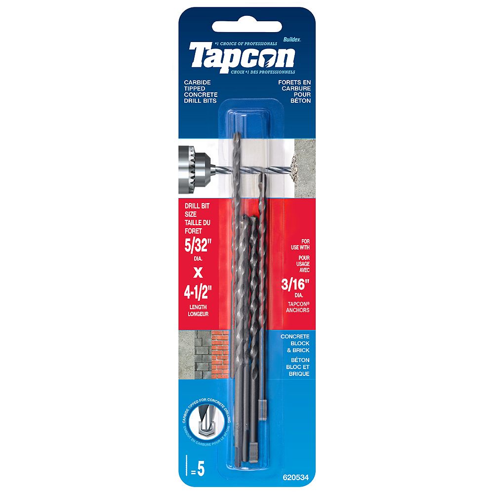 Tapcon 5/32-inch x 4-1/2-inch Carbide Tipped Concrete Drill Bits - 5pcs ...
