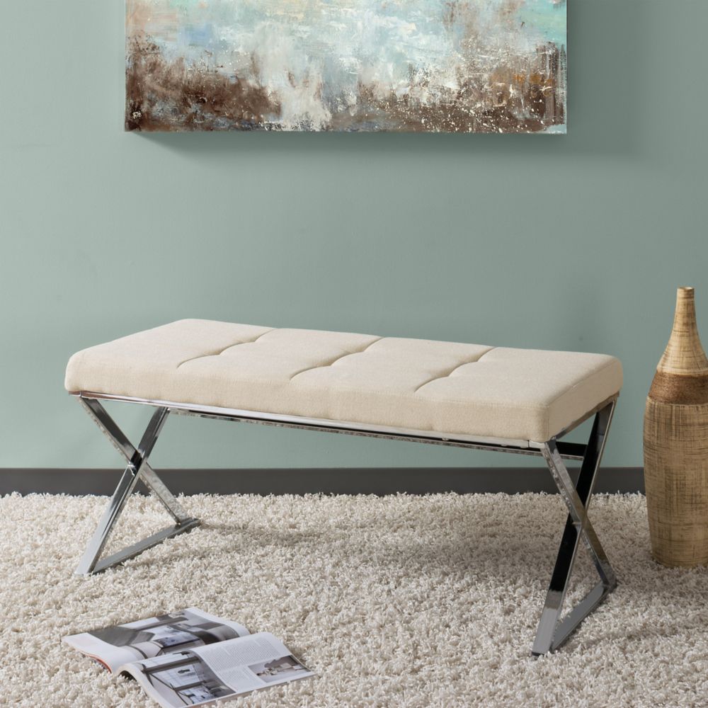 Corliving Huntington Modern Beige Fabric Bench with X Shape Chrome Base ...