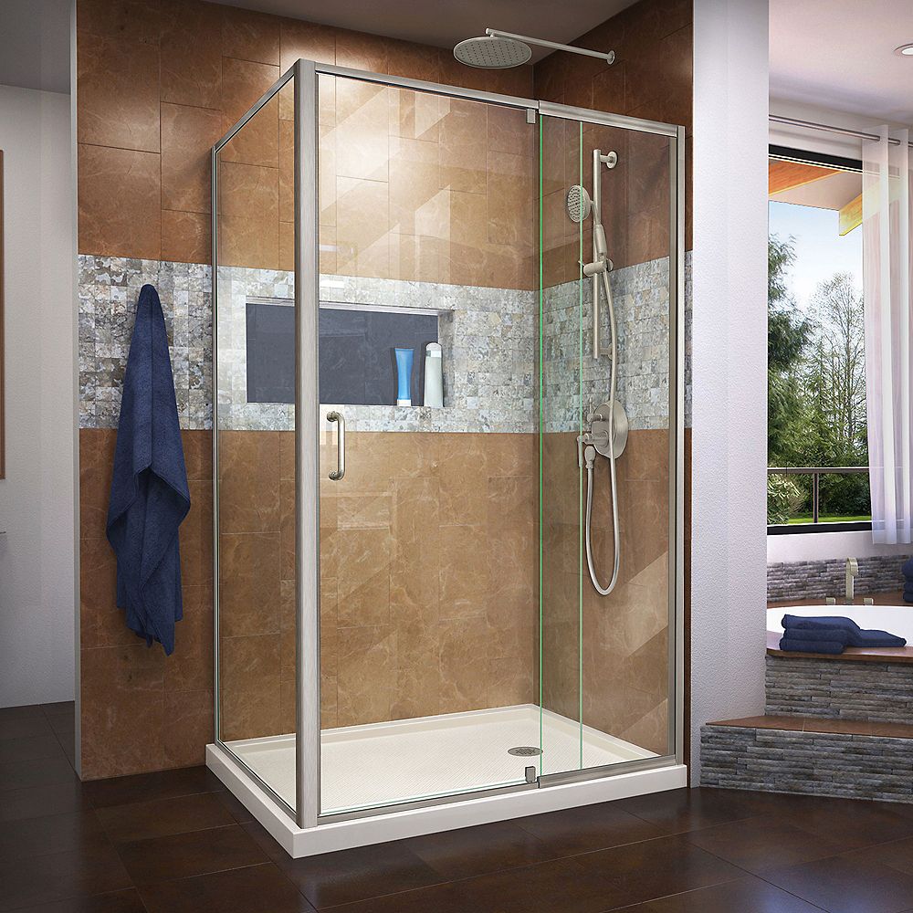 DreamLine Flex 36 inch D x 48 inch W Shower Enclosure in Brushed Nickel with Right Drain B ...
