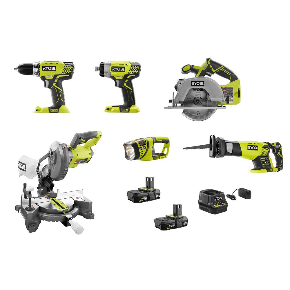RYOBI 18V ONE+ Cordless 6-Tool Combo Kit with (2) 2.0 Ah Compact ...