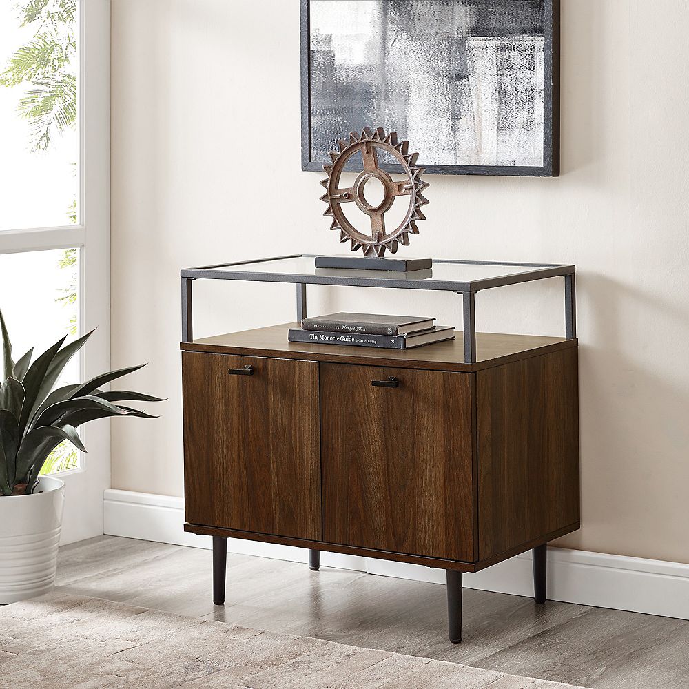 Welwick Designs Modern Glass Top 2-Door Side Table - Dark Walnut | The ...