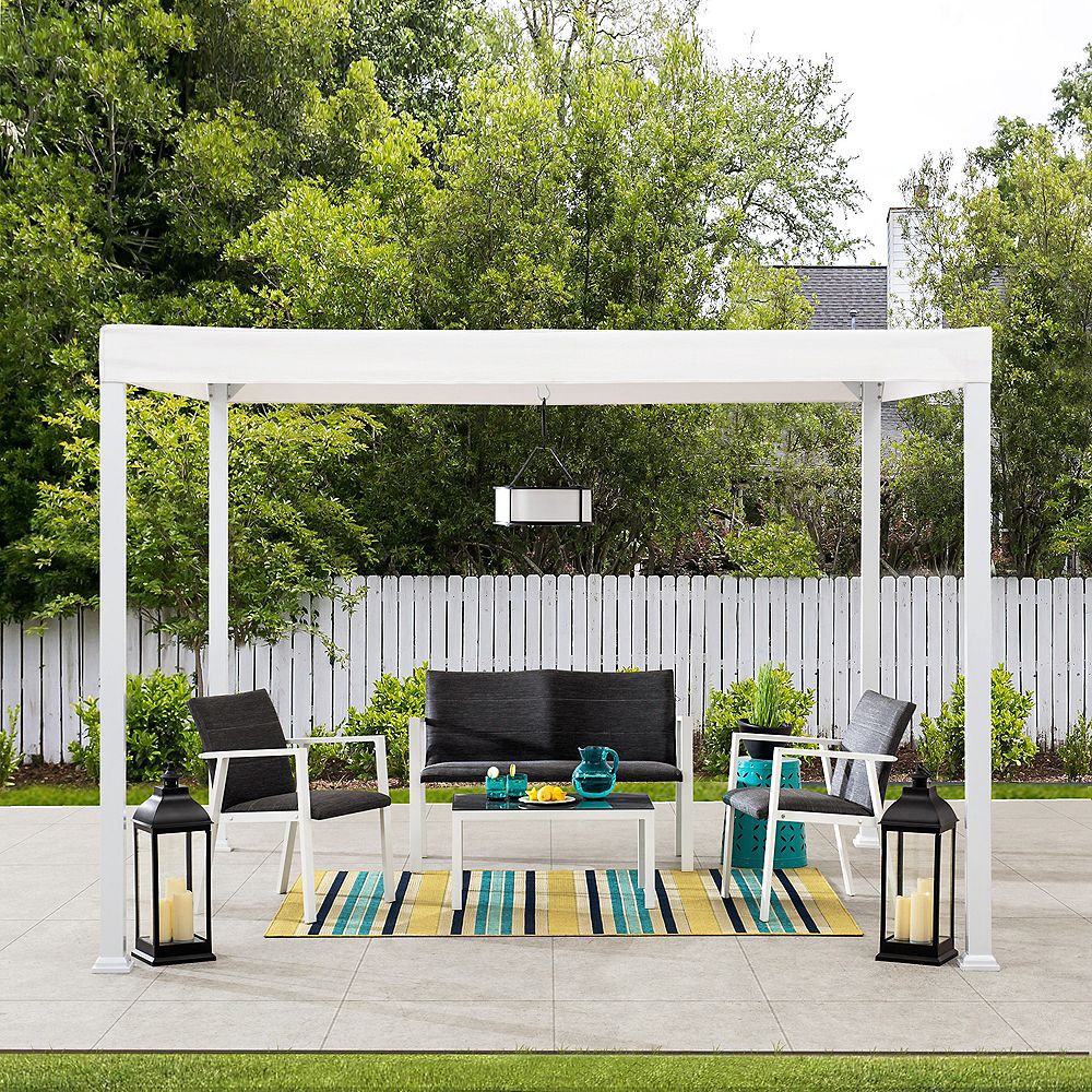 Sunjoy Melville 10 ft. x 10 ft. Modern White Steel Pergola with White ...