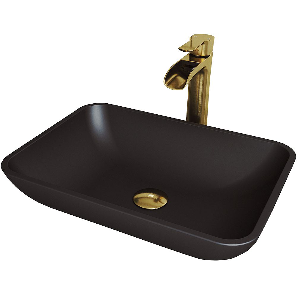 VIGO Matte Shell Sottile Glass Rectangular Vessel Bathroom Sink in Black with Niko Faucet ...