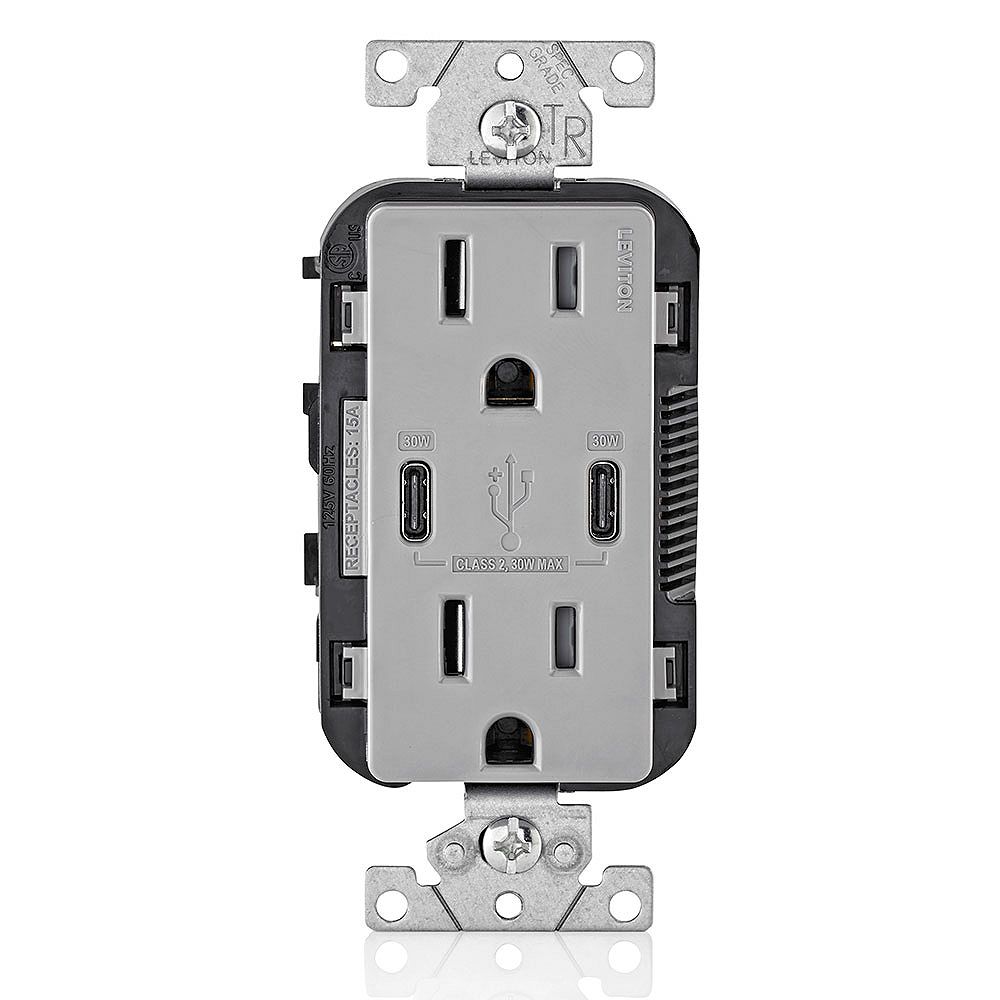 Leviton Decora USB Charger 15A Receptacle 6A Dual Type-C, Grey | The ...