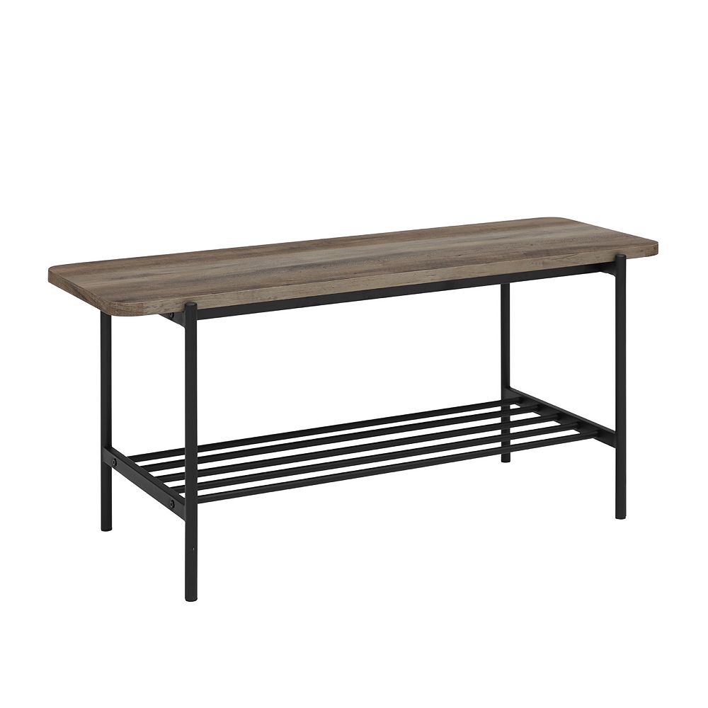 Walker Edison 40-inch Wood Bench with Metal Shelf in Grey Wash | The ...